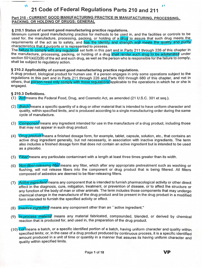 21 CFR Part 210 & 211 | PDF