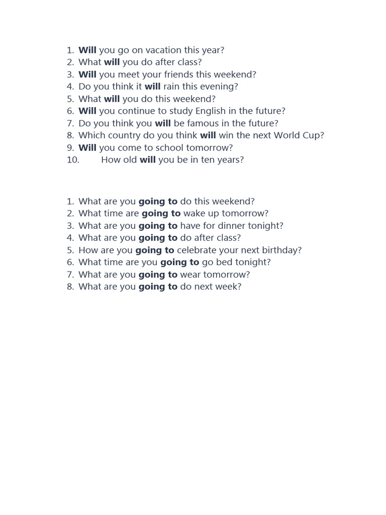 Will and Going To Questions | PDF | Travel | Language Arts & Discipline