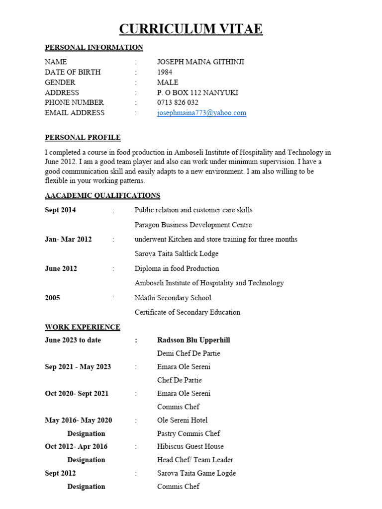 Maina CV | PDF | Chef | Cooking