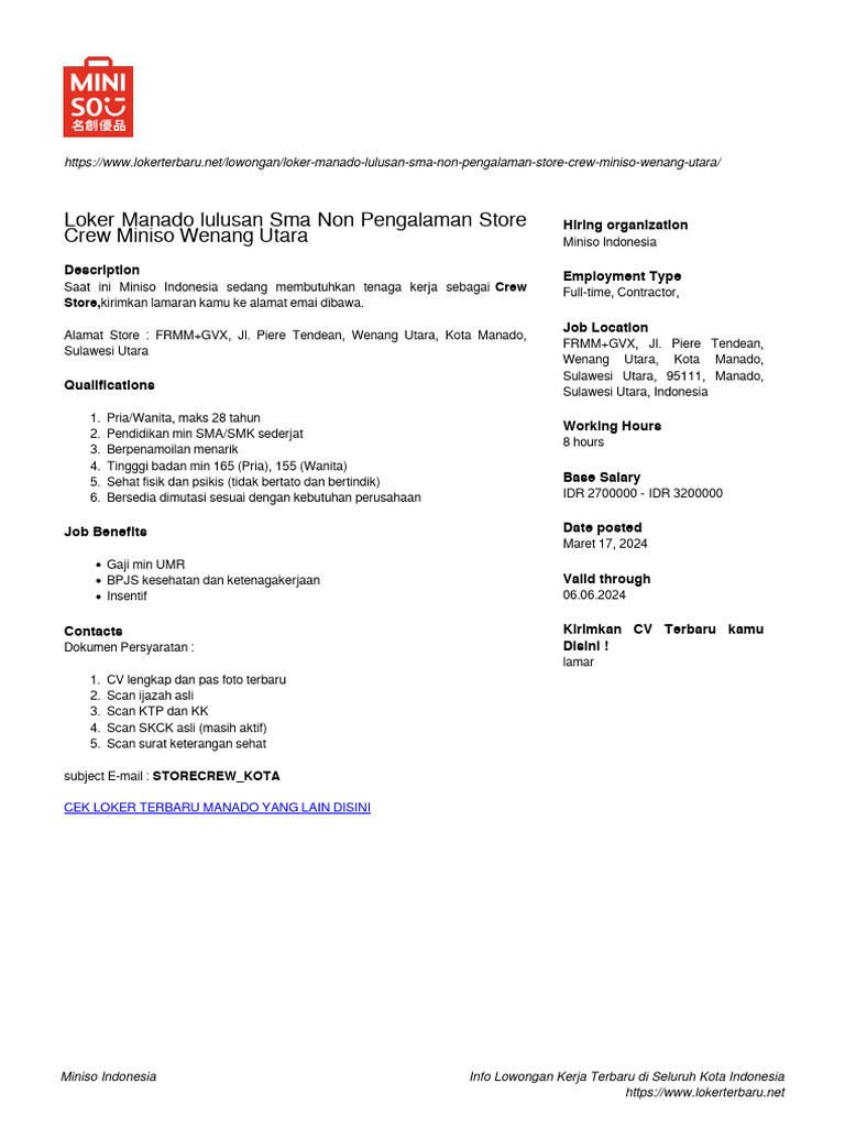 Miniso Indonesia Loker Manado Lulusan Sma Non Pengalaman Store Crew ...