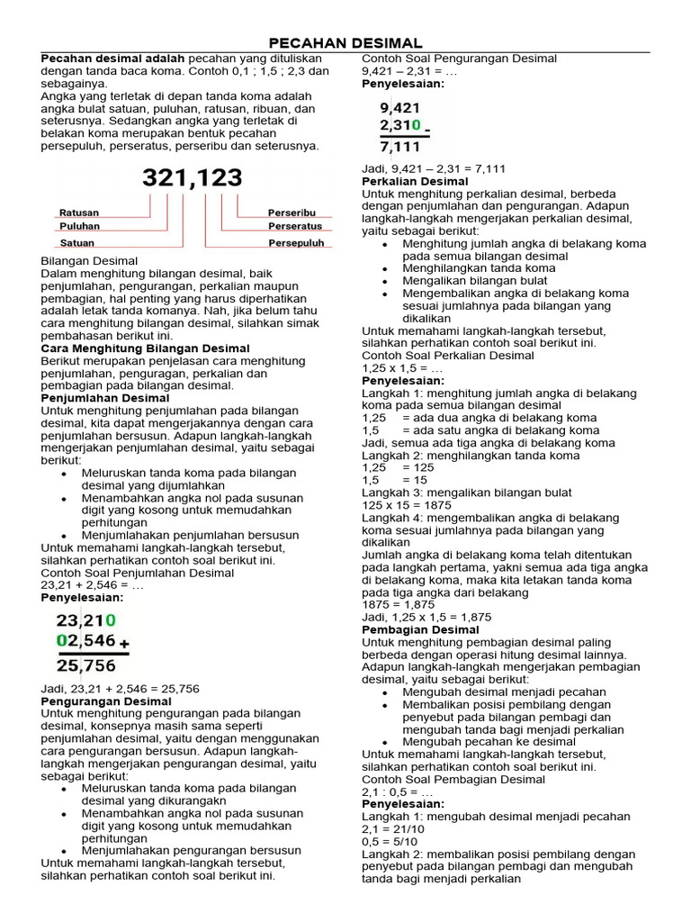 Soal Matematika Pecahan Desimal Kelas 5 SD | PDF
