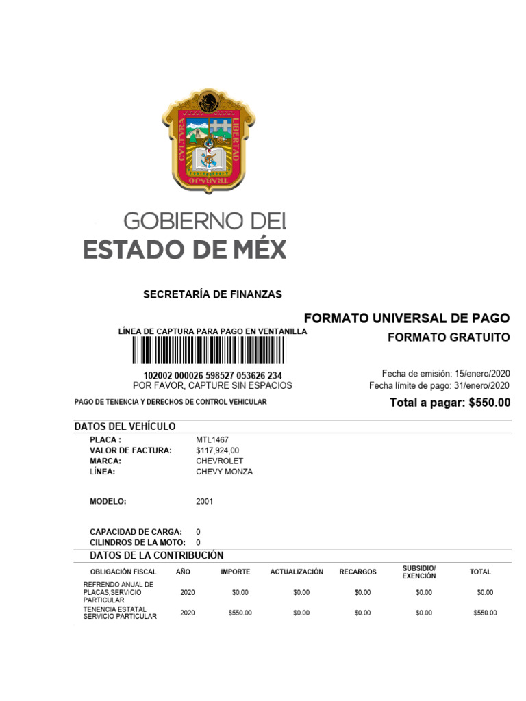 Formato de Pago Tenencia Edomex 2020 | PDF | Dinero | Economias