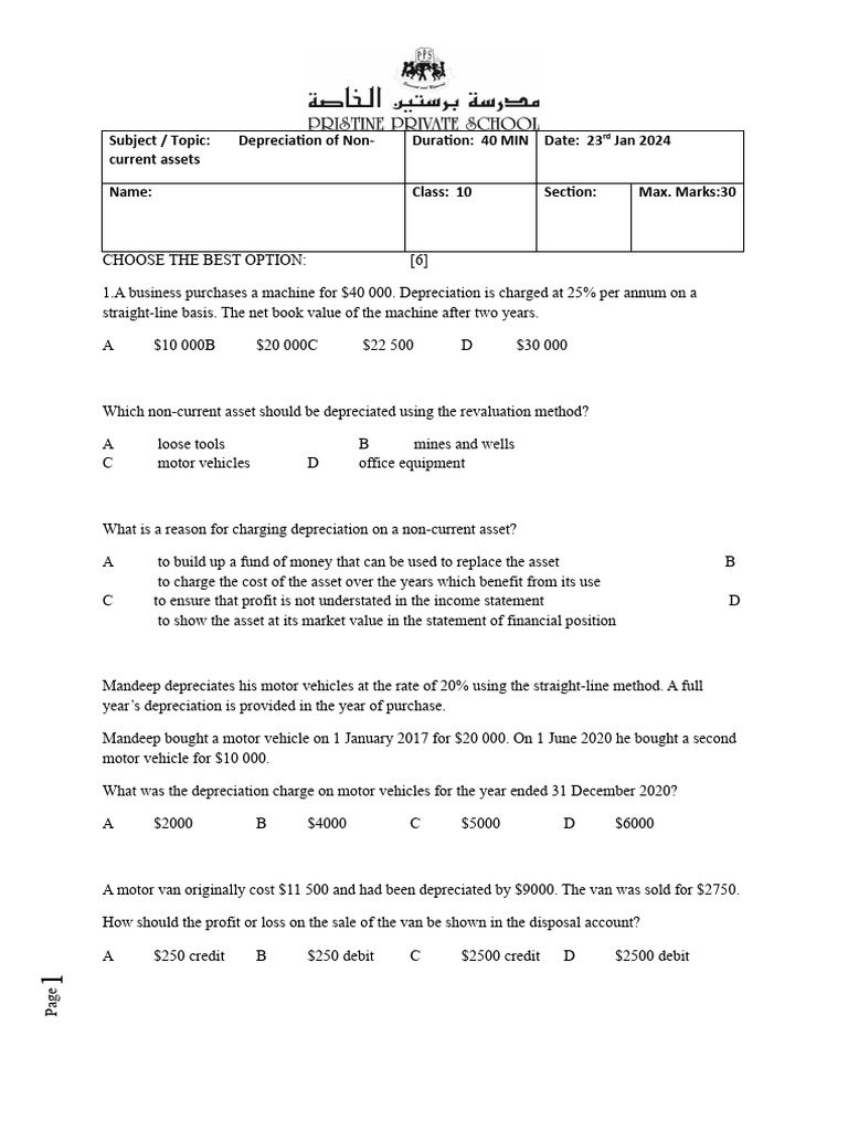 Depreciation Test - Yr 10 - 23 Jan 2024 | PDF | Depreciation | Business ...