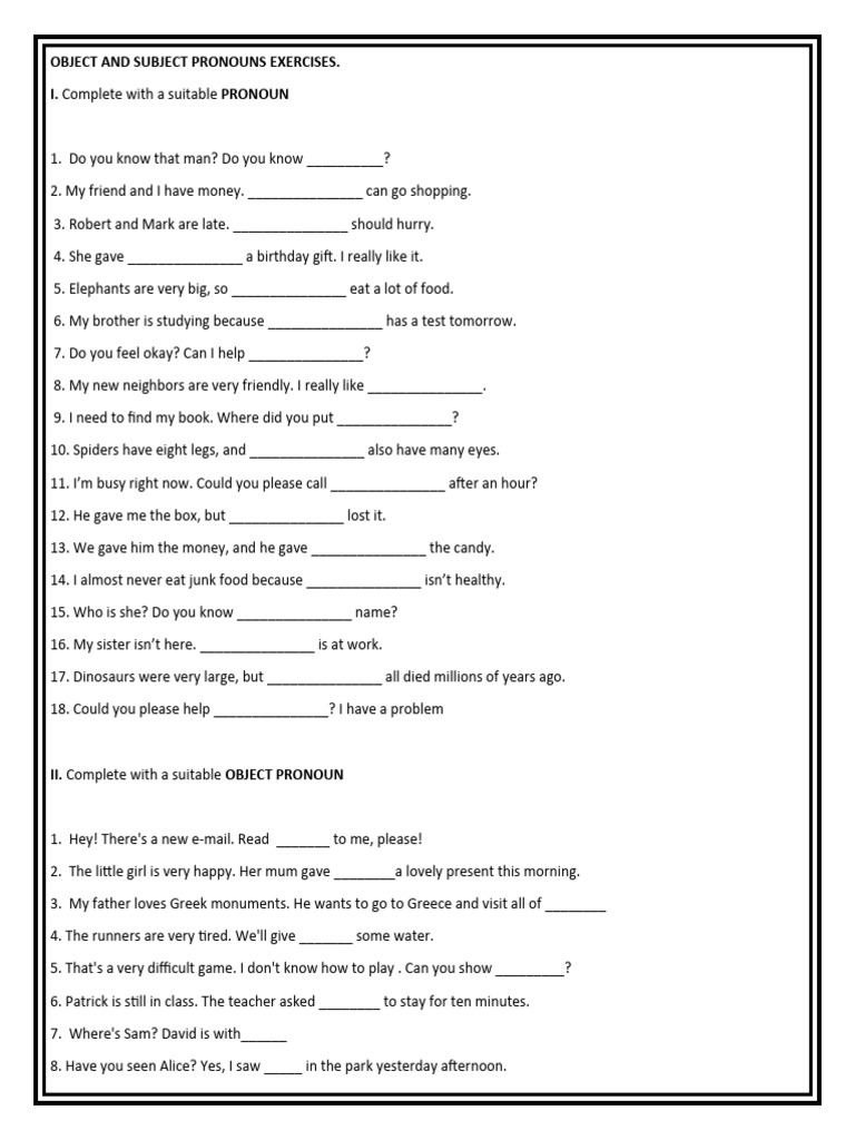Object and Subject Pronouns Exercises | PDF