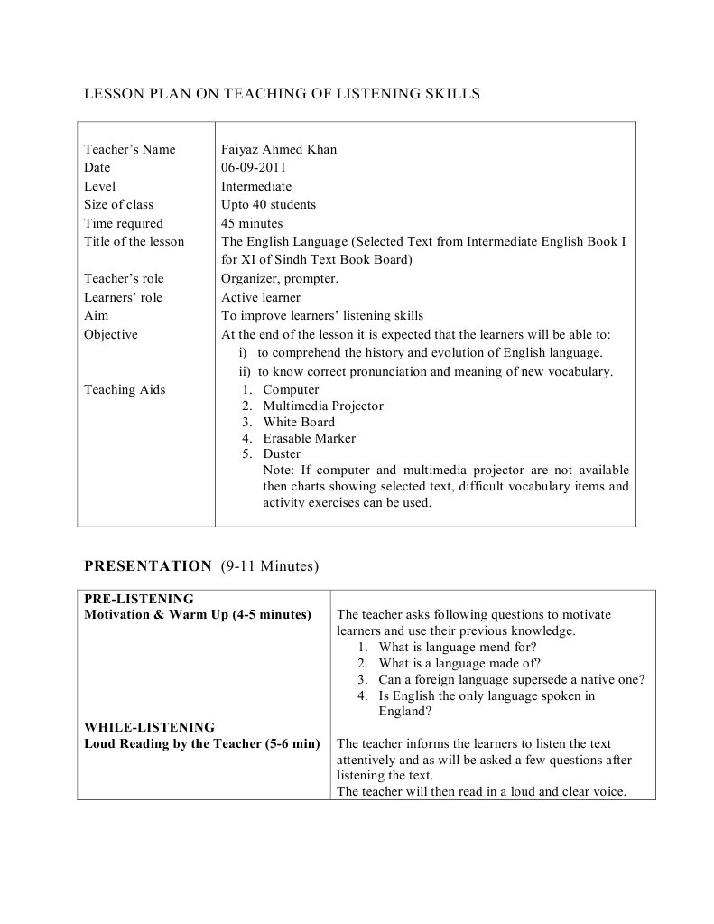 Lesson Plan On Teaching of Listening Skills Final | PDF | Language Arts ...