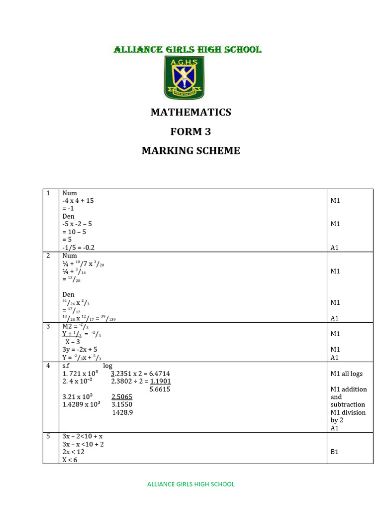 MATHEMATICS Form 3 Marking Scheme - 050300 | PDF