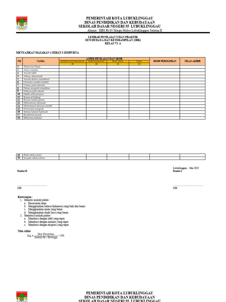 Format Penilaian Praktek SBK | PDF