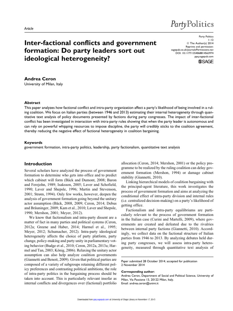 Andrea Ceron Inter-Factional Conflicts and Government Formation Do Party Leaders Sort Out ...
