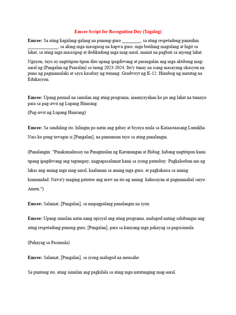 Emcee Script For RecognitionDay - Tagalog | PDF Emcee Script For RecognitionDay - Tagalog | PDF