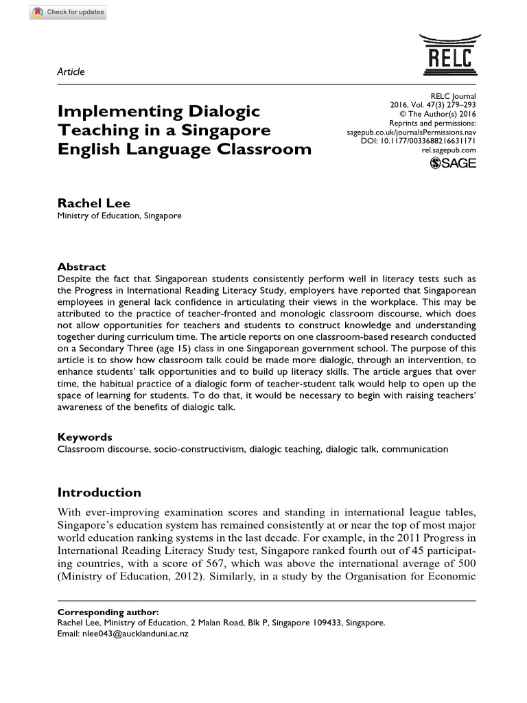Lee 2016 Implementing Dialogic Teaching in A Singapore English Language Classroom | PDF ...