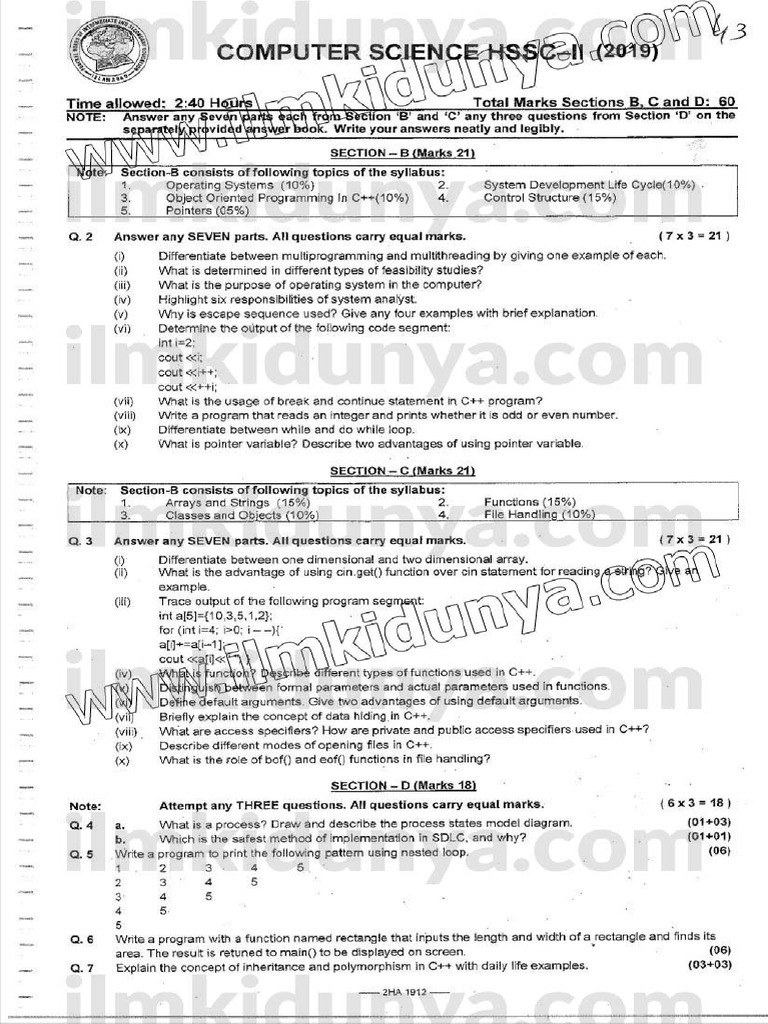 Past Paper 2019 Federal Board HSSC Inter Part 2 Computer Science Subjective English Medium | PDF