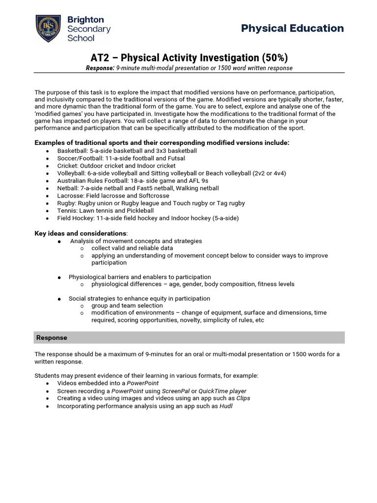 At2 - Physical Activity Investigation - Modified Sports 2024 | PDF ...