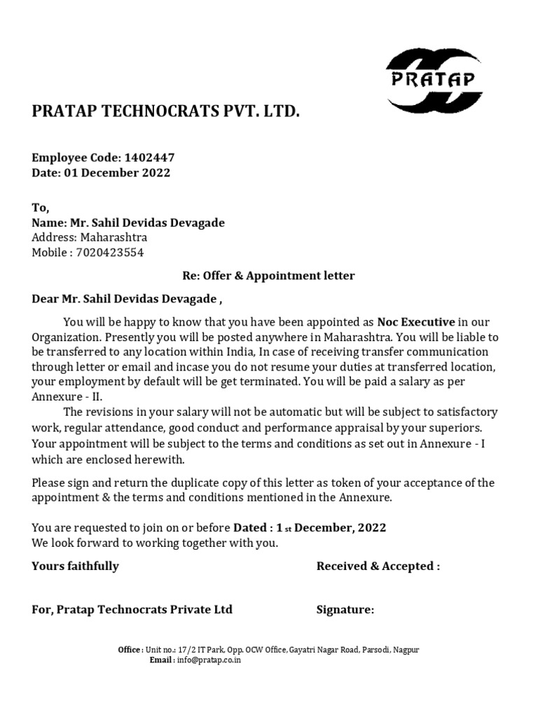 Pratap Telecrats PVT LTD Appointment Letter | PDF