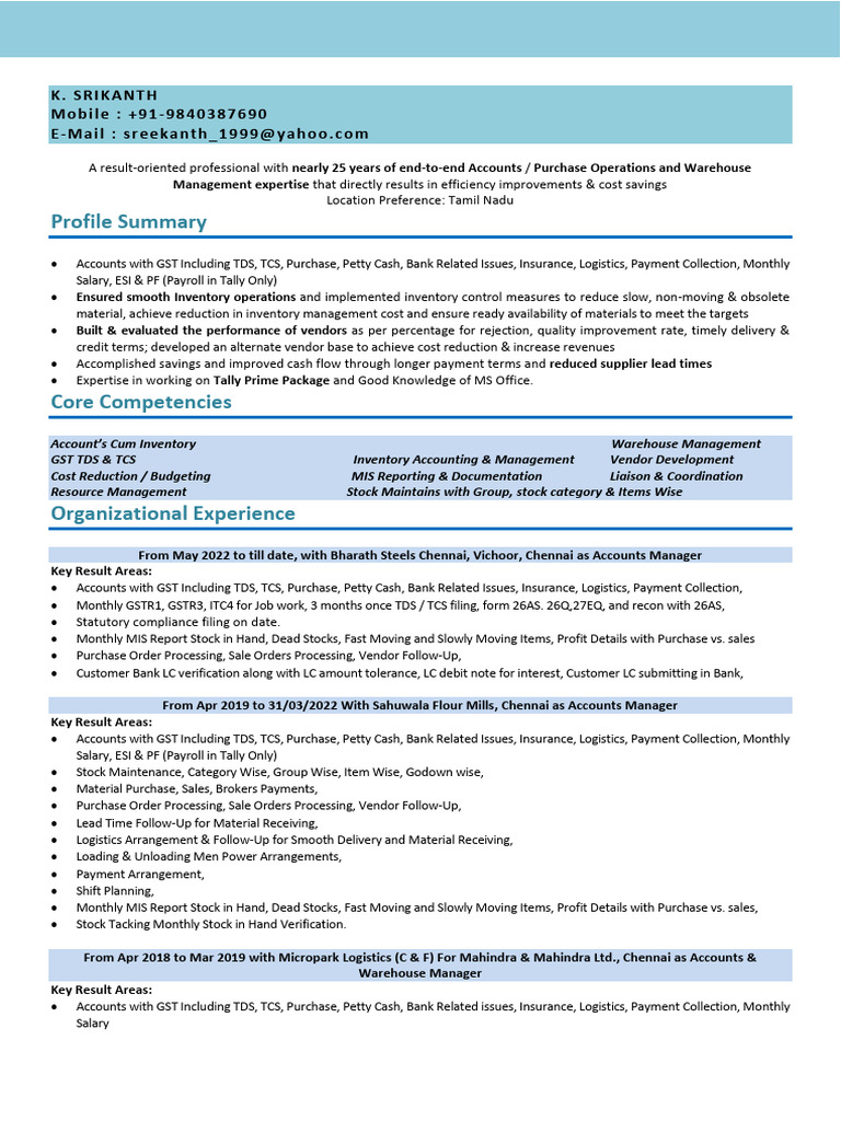 Srikanth Resume | PDF | Warehouse | Inventory