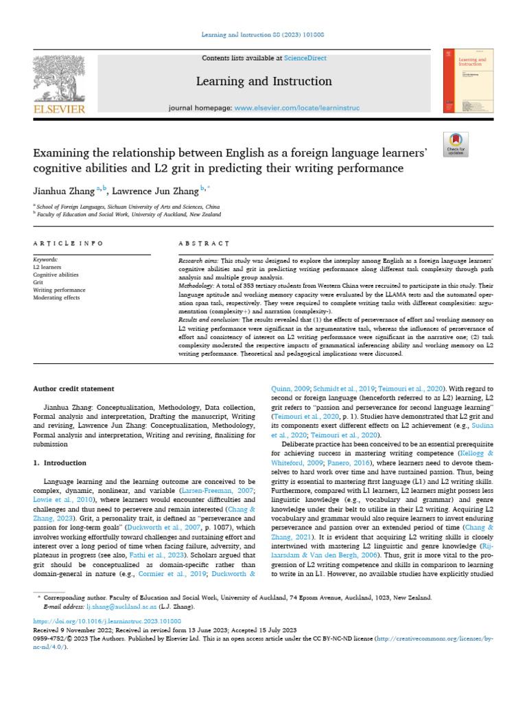 EFL Learners' Grit and Writing Performance | PDF | Second Language ...