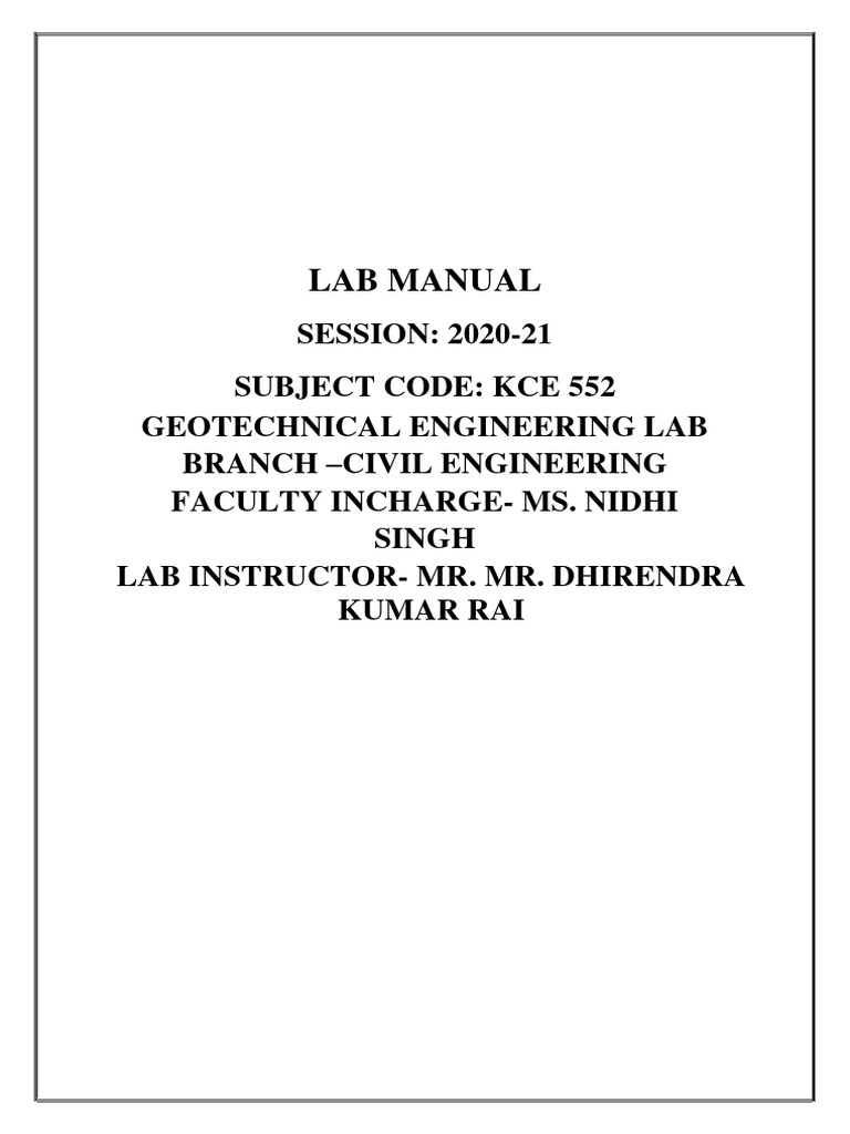 Geotechnical Engineering Lab Manual | PDF | Density | Particle Size Distribution