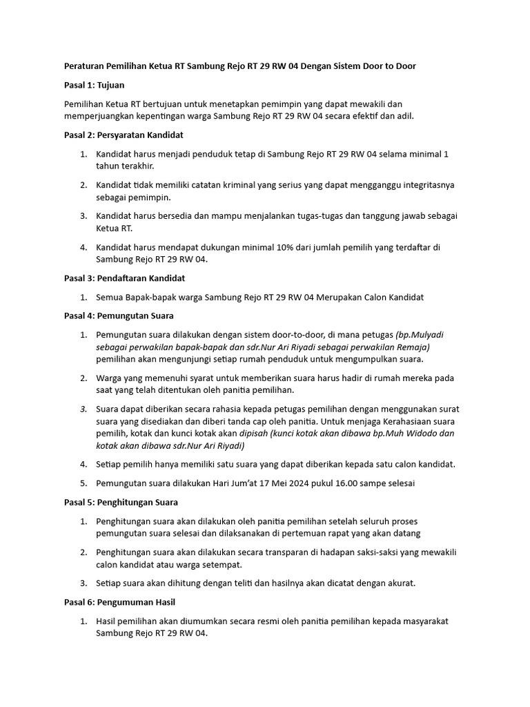 Peraturan Pemilihan Ketua RT Sambung Rejo RT 29 RW 04 Dengan Sistem ...