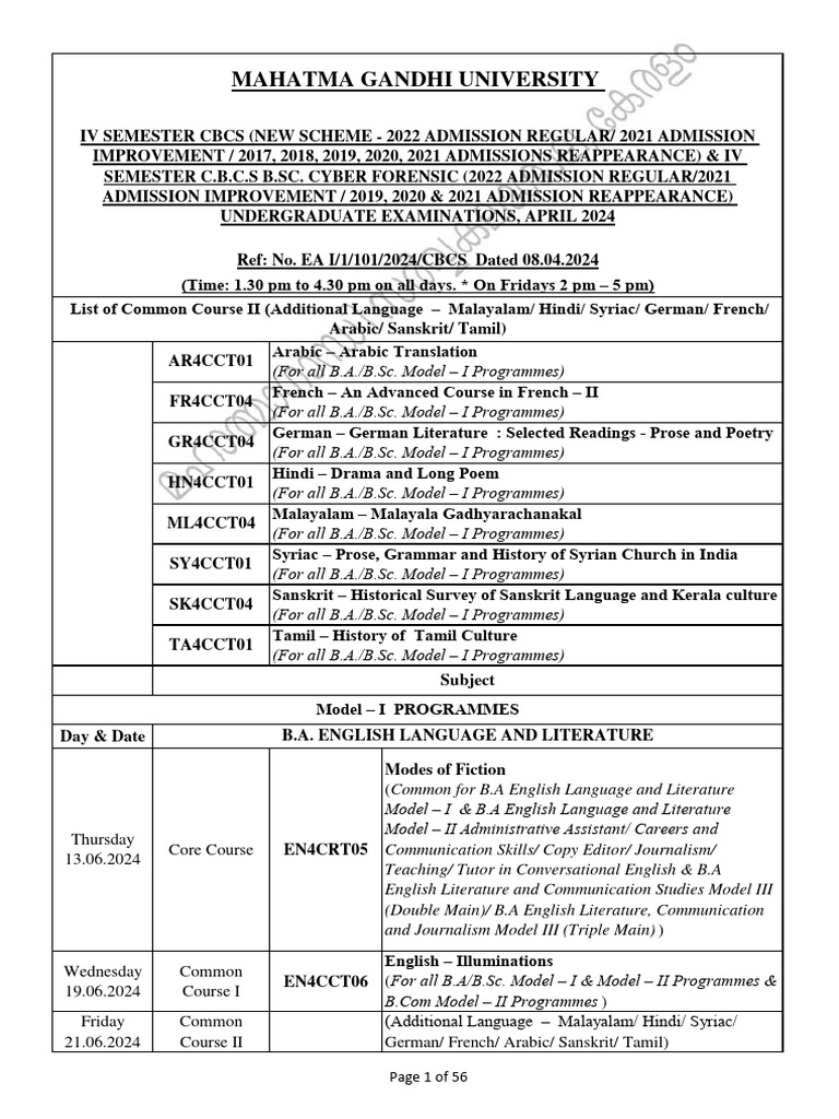 IV Semester CBCS Exams 2024 TT | PDF | Science | Sociology