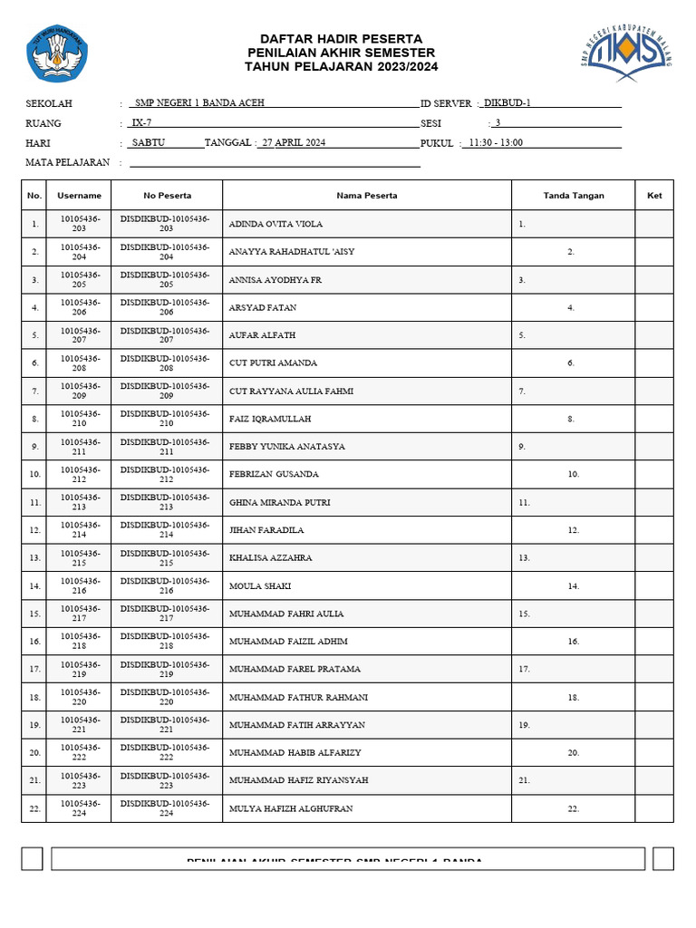 Daftar Hadir Peserta Penilaian Akhir Semester TAHUN PELAJARAN 2023/2024 | PDF