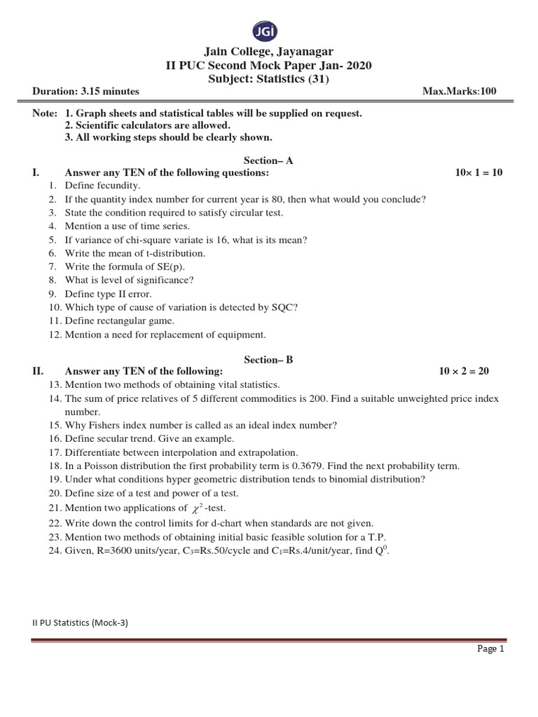 II PUC Statistics Paper 2 2020 | PDF | Price Indices | Statistics