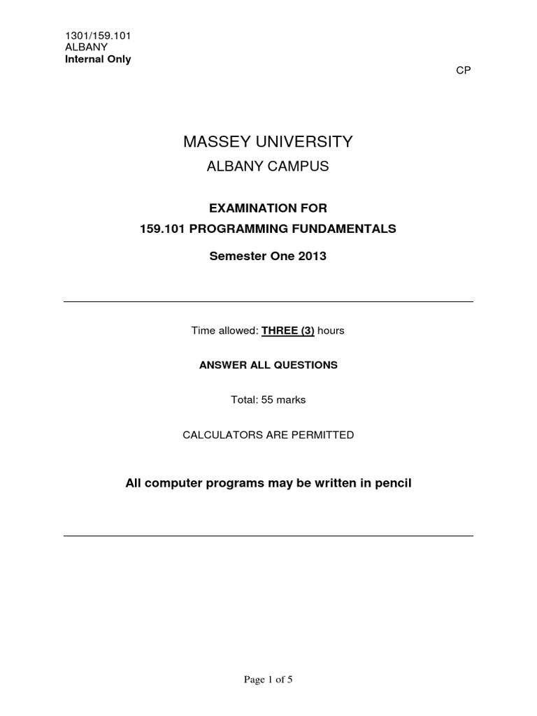 159.101 Computer Science Fundamentals - Massey - Exam - S1 2013 ... 159.101 Computer Science Fundamentals - Massey - Exam - S1 2013 ...
