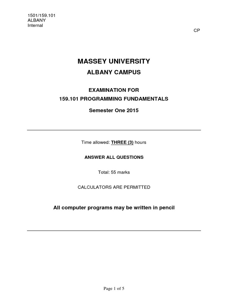 159.101 Computer Science Fundamentals - Massey - Exam - S1 2015 | PDF ...