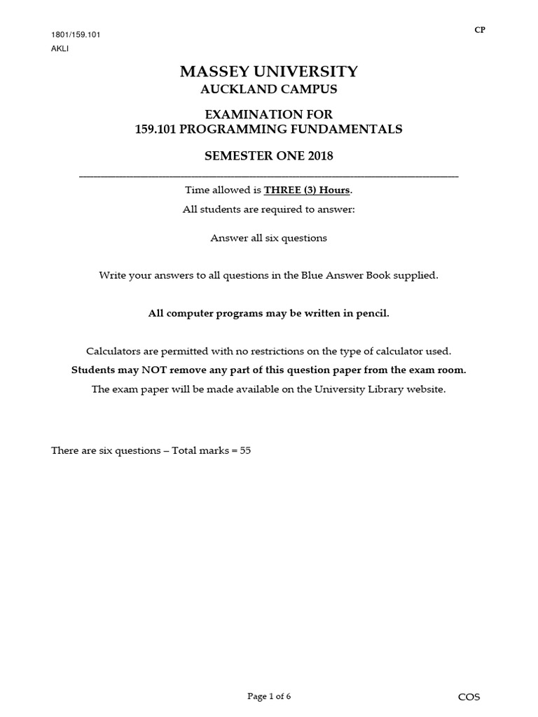 159.101 Computer Science Fundamentals - Massey - Exam - S1 2018 | PDF ...