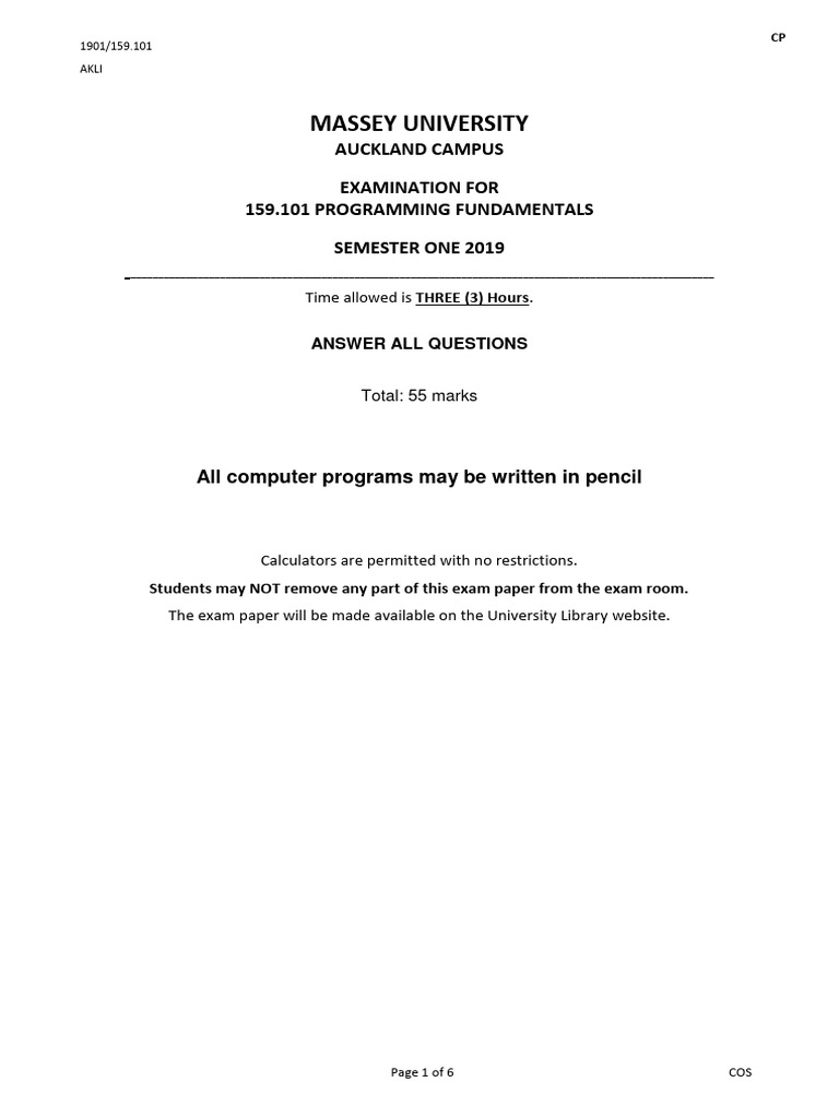 159.101 Computer Science Fundamentals - Massey - Exam - S1 2019 | PDF | Numbers | Computer ...