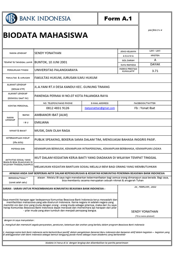 Form Biodata Mahasiswa A.1 | PDF