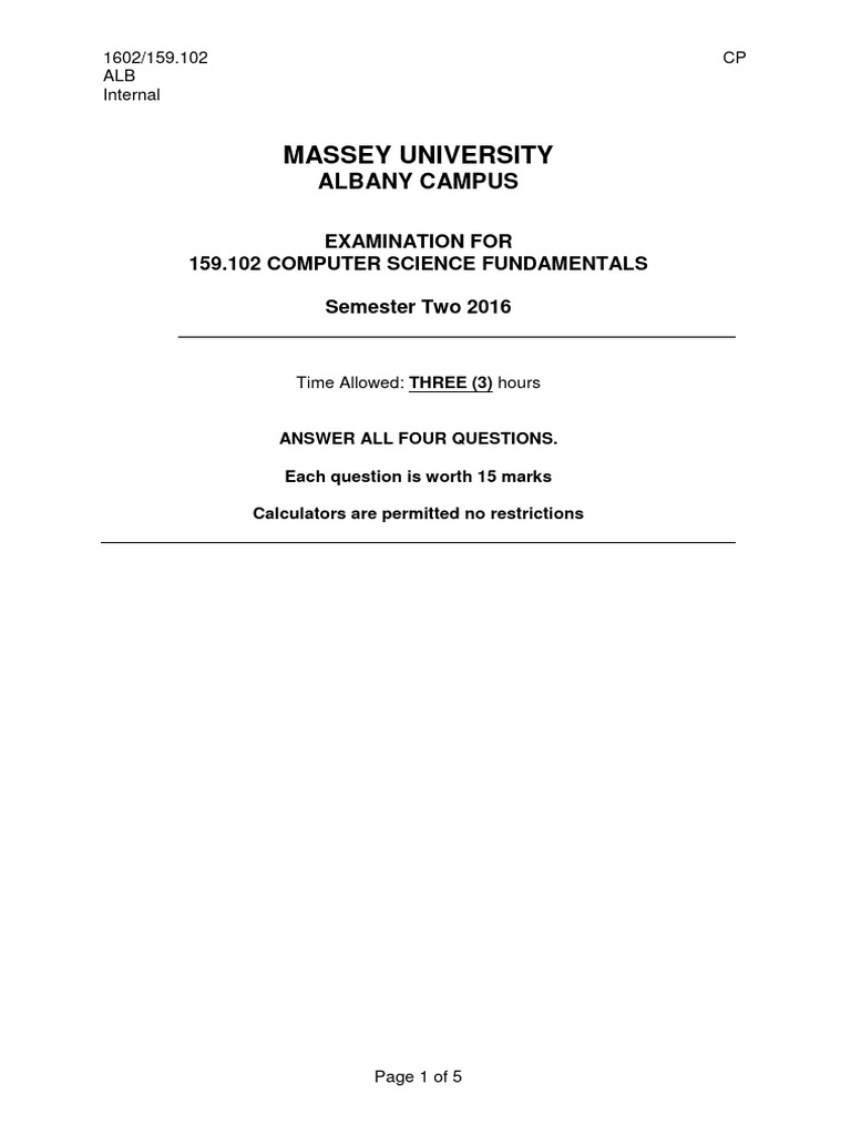 159.102 Computer Science Fundamentals - Massey - Exam - S2 2016 | PDF ...
