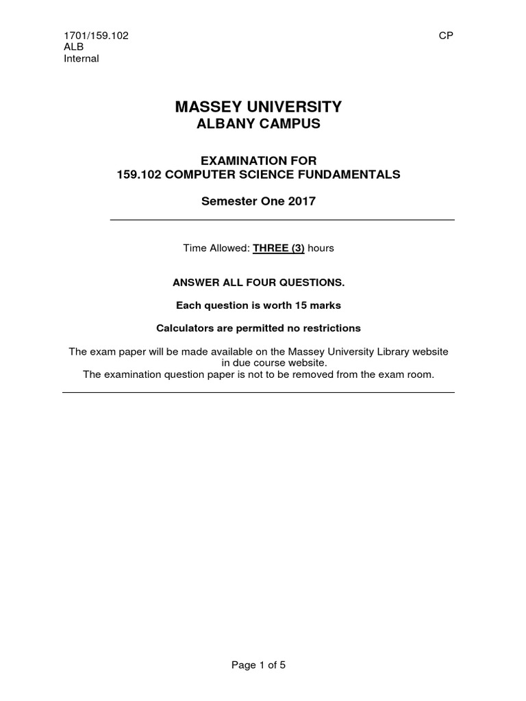 159.102 Computer Science Fundamentals - Massey - Exam - S1 2017 | PDF | Pointer (Computer ...