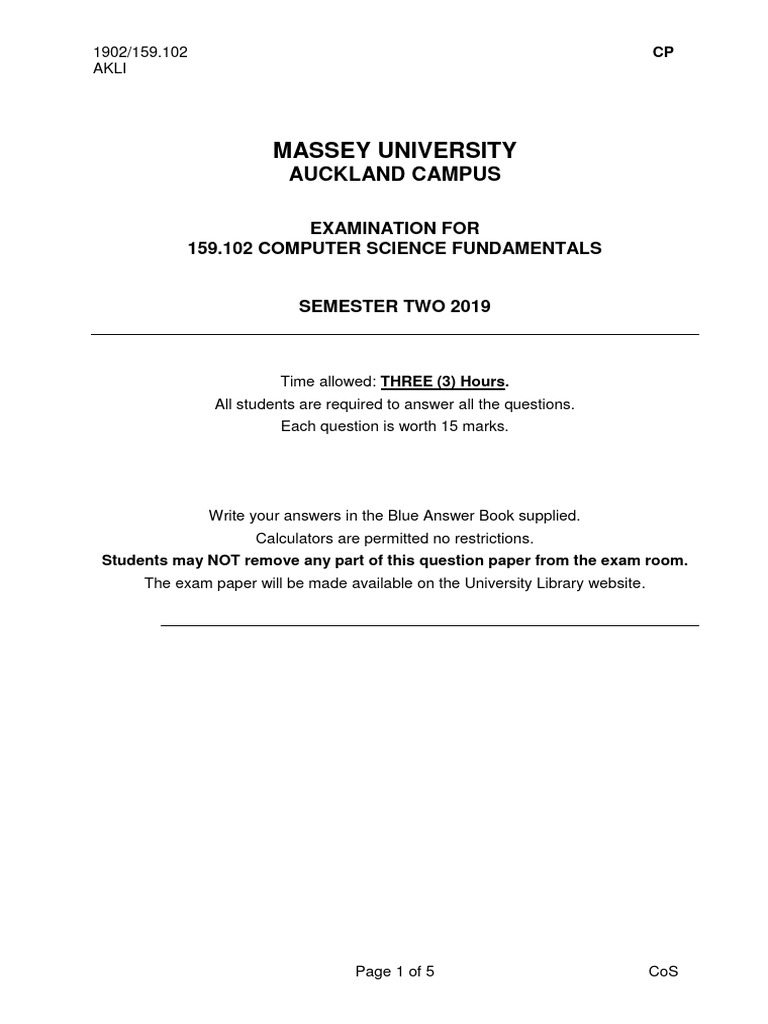 159.102 Computer Science Fundamentals - Massey - Exam - S2 2019 | PDF | Computer File | Computer ...