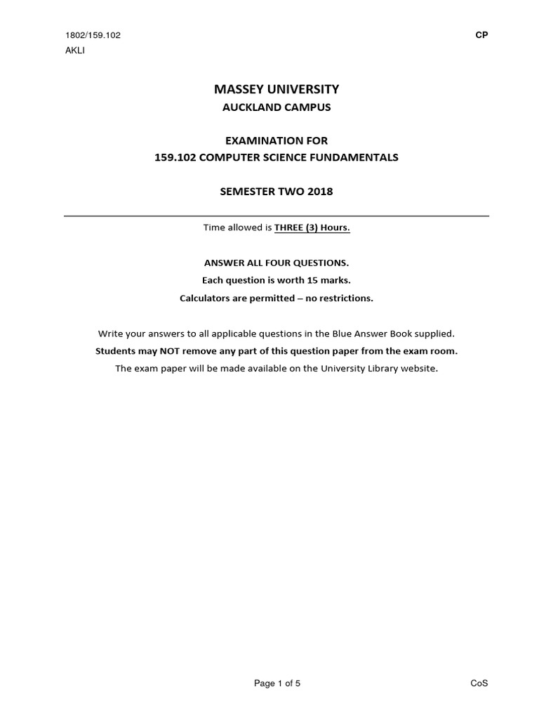 159.102 Computer Science Fundamentals - Massey - Exam - S2 2018 | PDF | Computer Programming ...