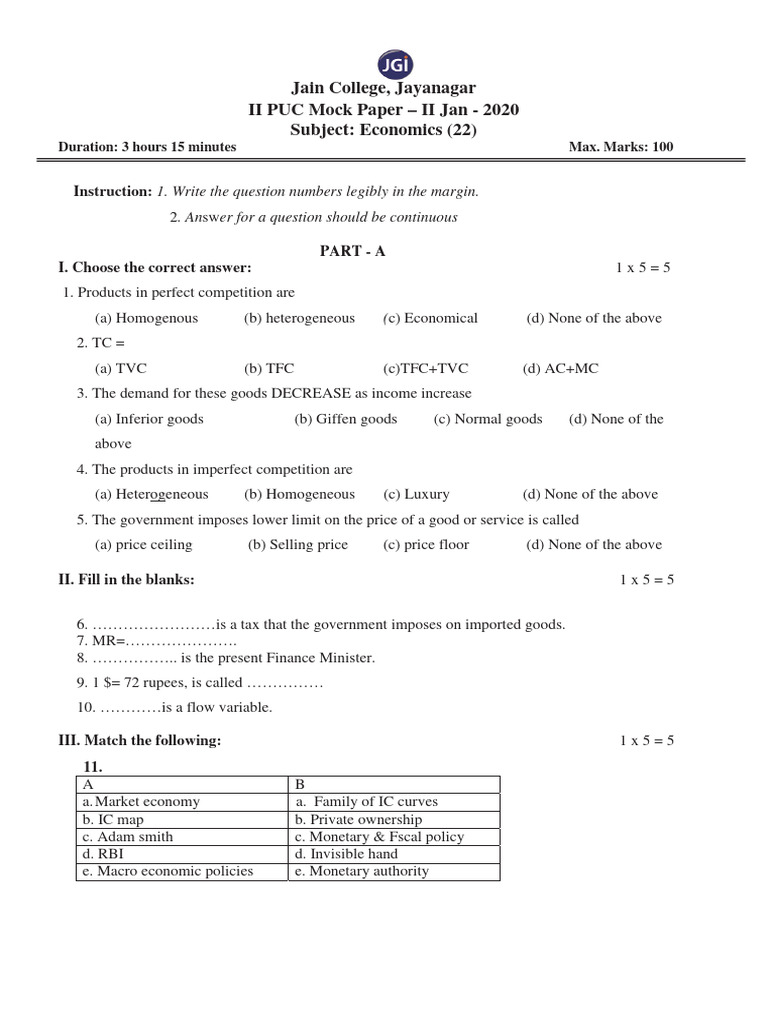 II PUC Economics Paper 2 2020 | PDF | Supply And Demand | Economic ...