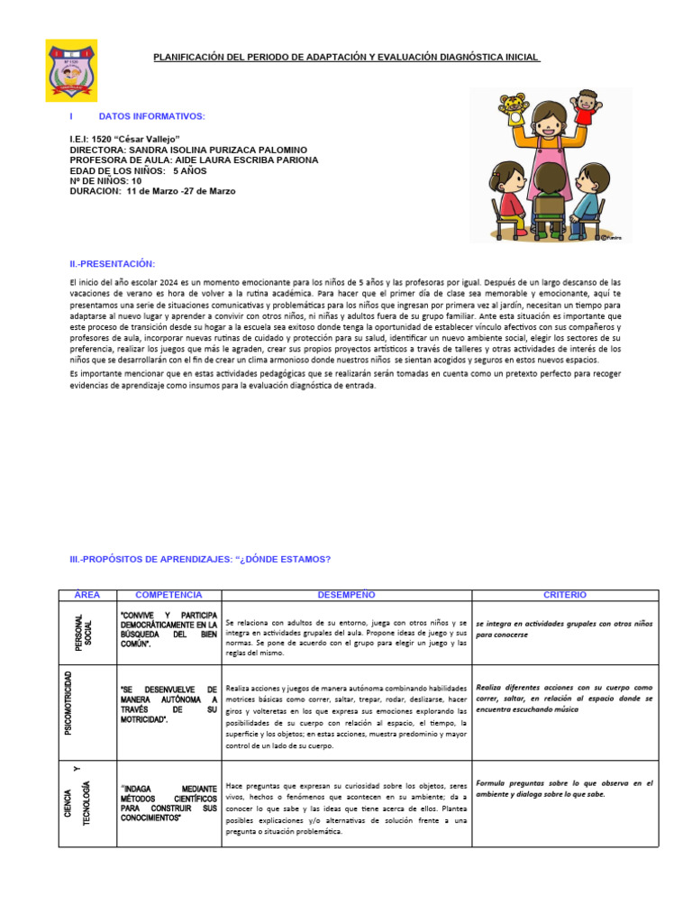 Planificación Adaptación 2024 Aide R.F-1520-4 Años.-2024 | PDF | Evaluación | Salón de clases
