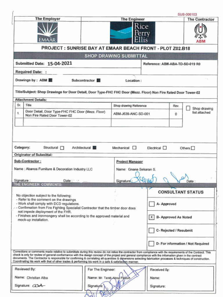 Shop Drawings For Door Detail, Door Type-FHC FHC Door (Mezz. Floor) Non ...
