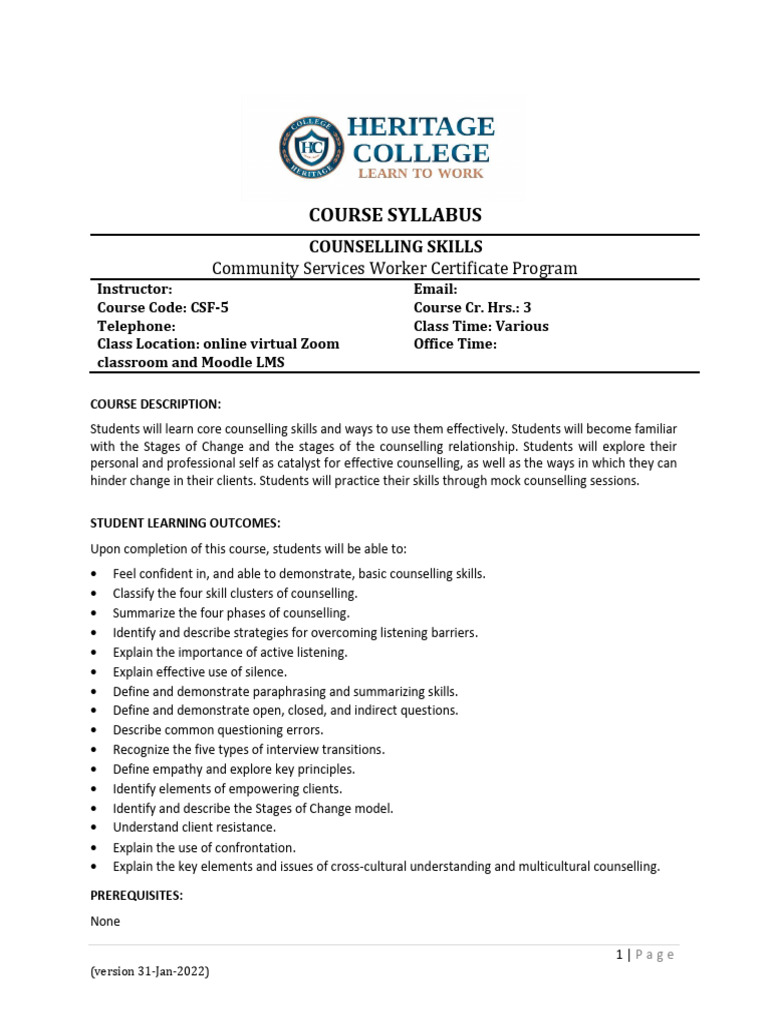 Course Outline - CSF5 Counselling Skills | PDF | Teaching Method ...