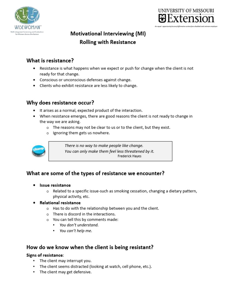 Rolling with Resistance in MI Techniques | PDF | Psychology ...