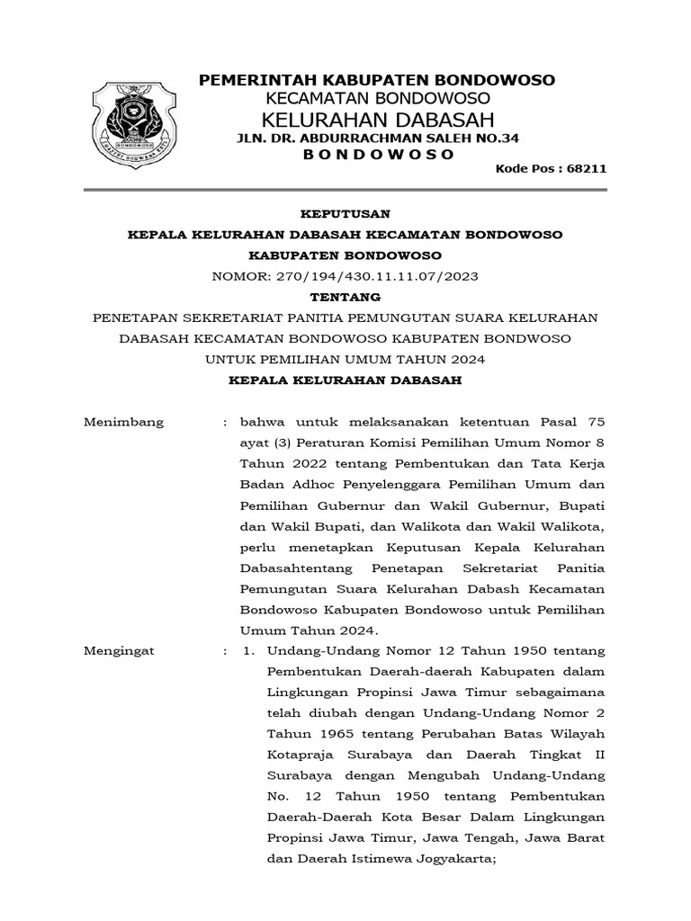 Contoh Draft SK Kesekretariatan PPS | PDF