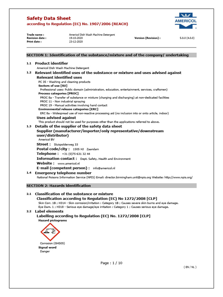 Americol Dish Wash Detergent Safety Data | PDF