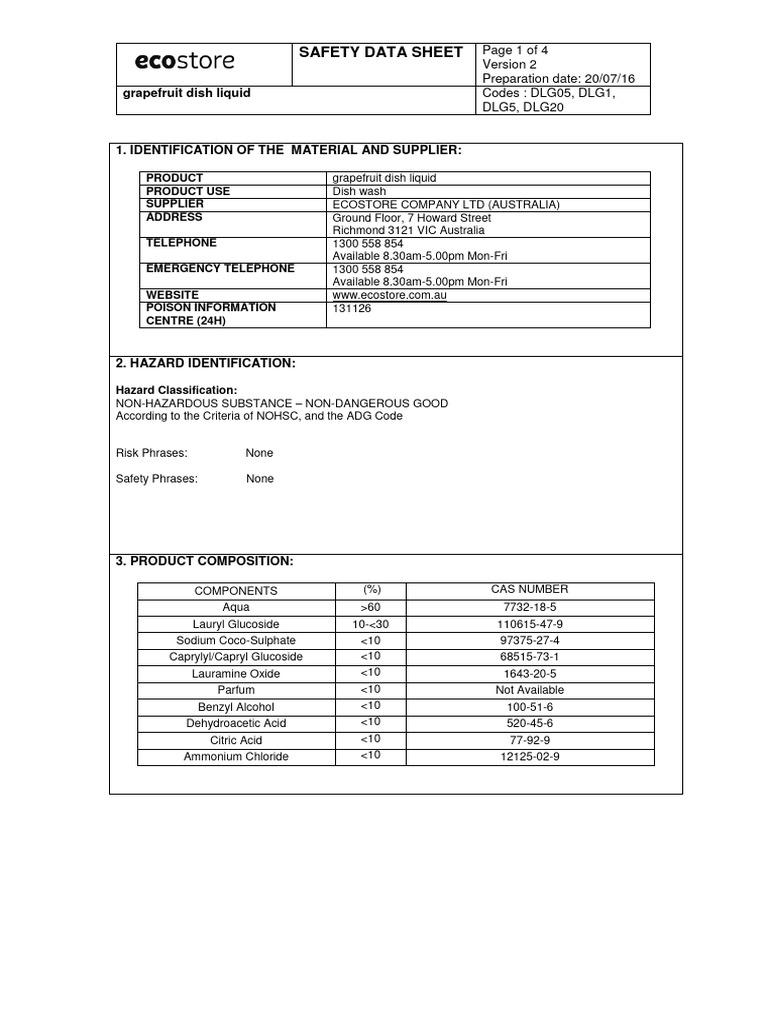 Ecostore Dishwashing Liquid Grapefruit SDS | PDF | Materials | Workplace