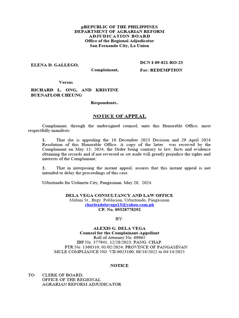 Notice of Appeal - Agrarian Reform Case | PDF | Public Law | Judiciaries
