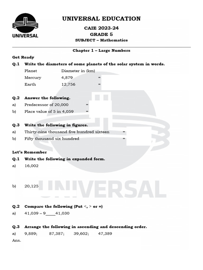 Chapter 1 - Large Numbers - Mathematics - Grade 5 - CAIE (2023 - 24) | PDF | Numbers | Mathematics