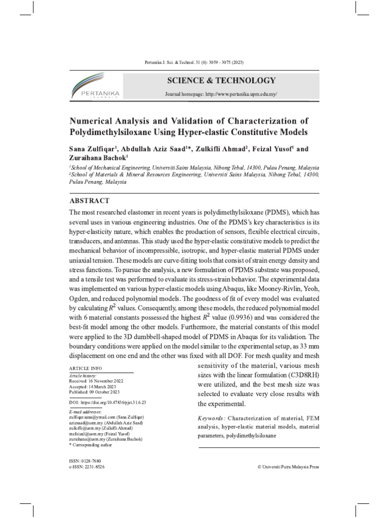Numerical Analysis and Validation of Characterization of PDMS Using ...
