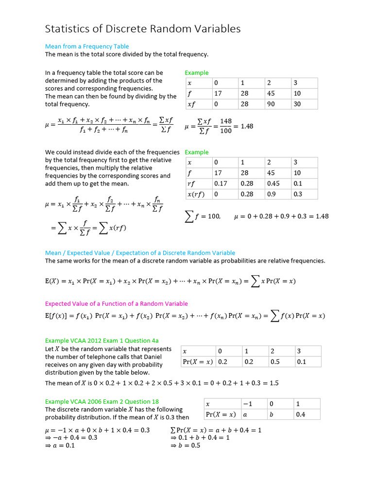 Statistics of Discrete Random Variables | PDF | Variance | Probability Distribution