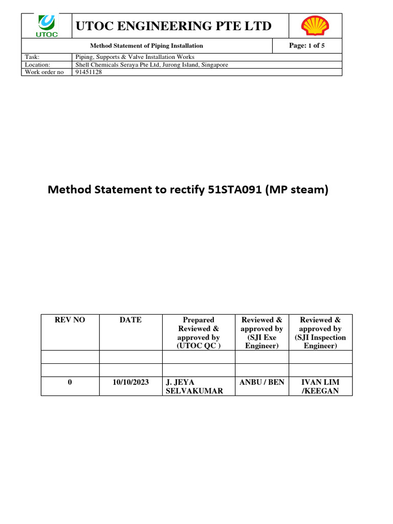 51sta091 (MP Steam) - Method Statement | PDF | Welding | Construction
