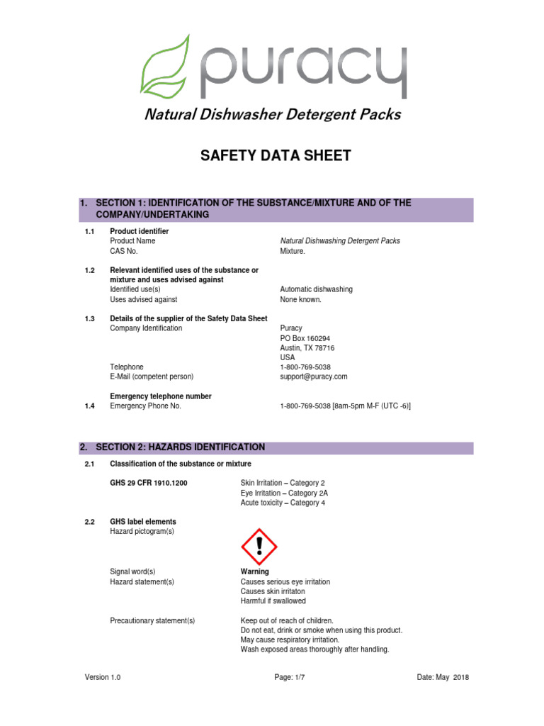 Natural Dishwasher Detergent Packs SDS | PDF | Toxicity | Safety