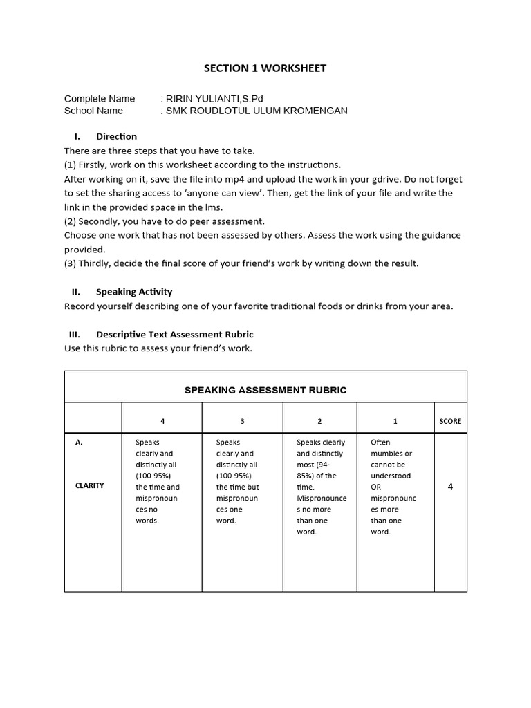 Section 1 - V. Worksheet LMS RUBRIC TAPE | PDF | Human Communication