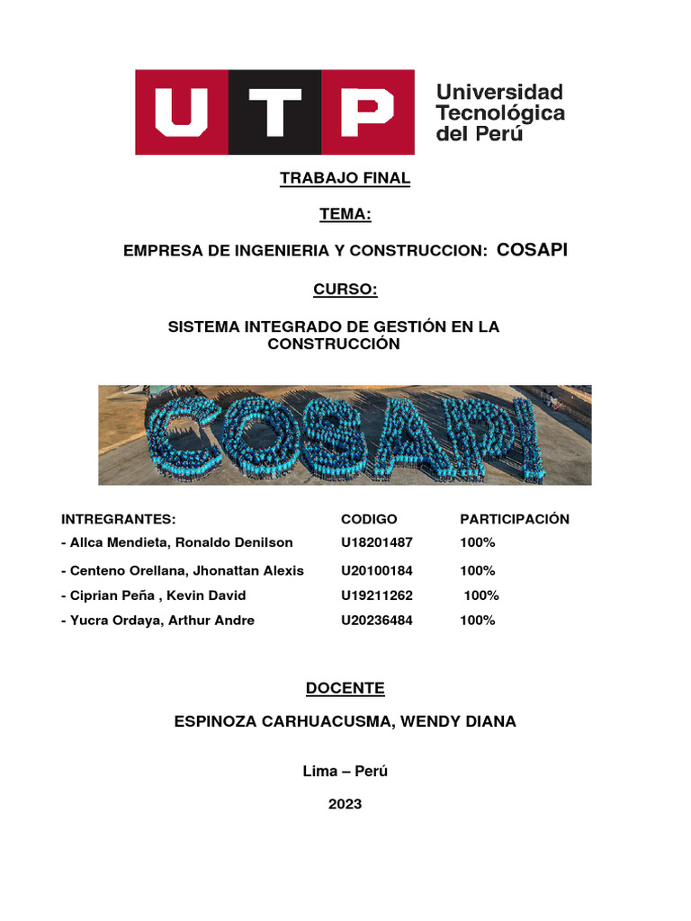 Proyecto Final Sgi - G1 - Empresa Cosapi | PDF | Calidad (comercial) | Sistema de manejo de calidad