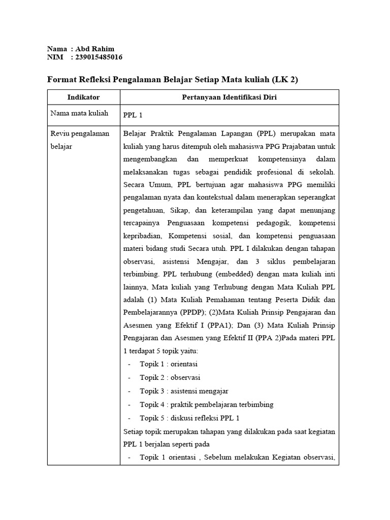 LK2-Format Refleksi PPL 1 Abd Rahim | PDF